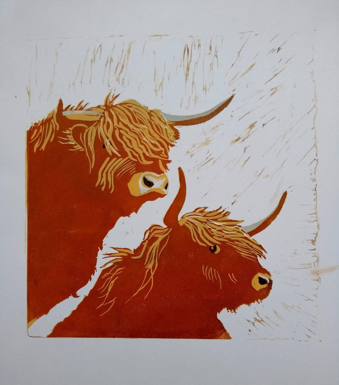 Two of a Kind Cow and Calf of Highland Cattle Humorous Lino Print Furry ...