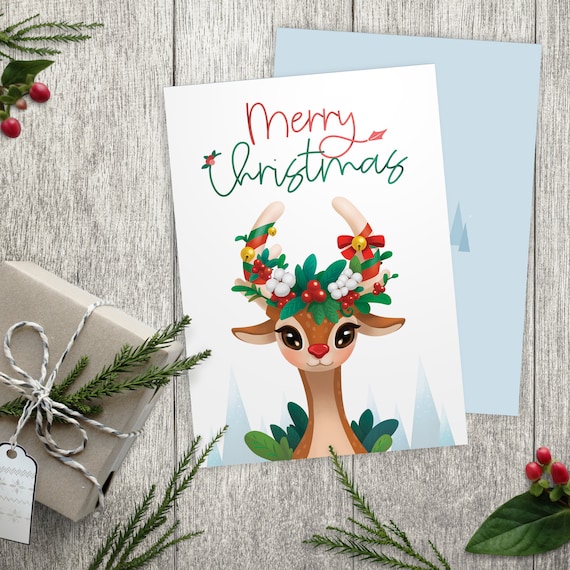 Christmas Card Rudolph holiday Card Print Downloadable | Etsy