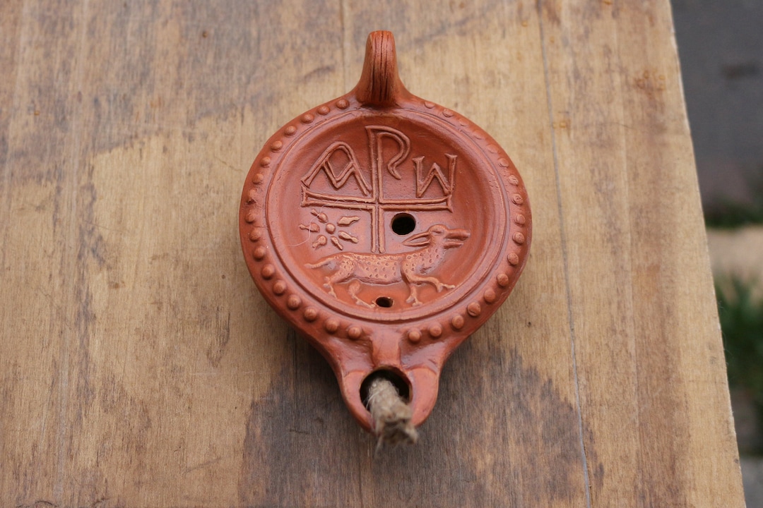Roman Oil Lamp Early Christian With Chi-rho, Alpha/omega and Lamb With ...