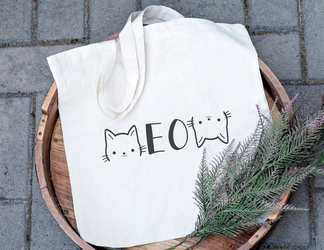 Meow Cat Themed Canvas Tote Bag, Cat Canvas Bag, Cat Tote Bag With ...
