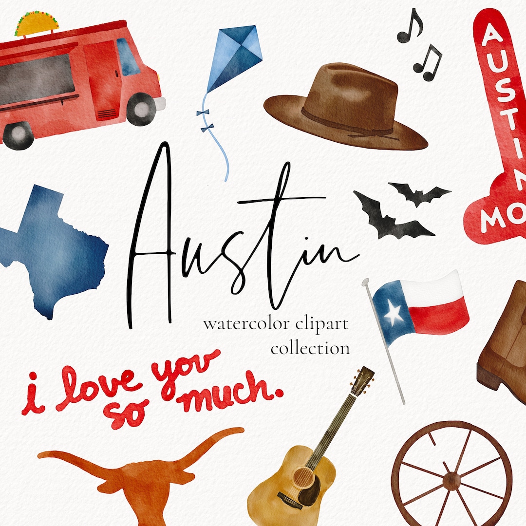 Austin Texas Watercolor Clipart, Austin Map, Austin Texas Wedding, Bachelorette Watercolor Clip ...