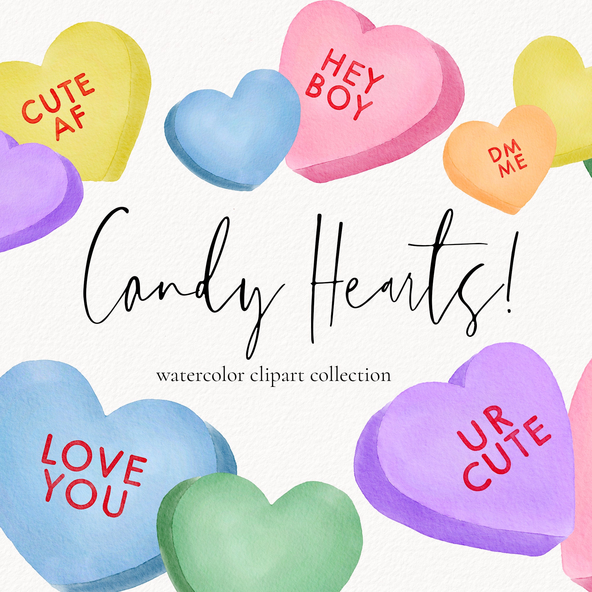 Valentines Watercolor Clipart, Candy Hearts Watercolor Clipart ...