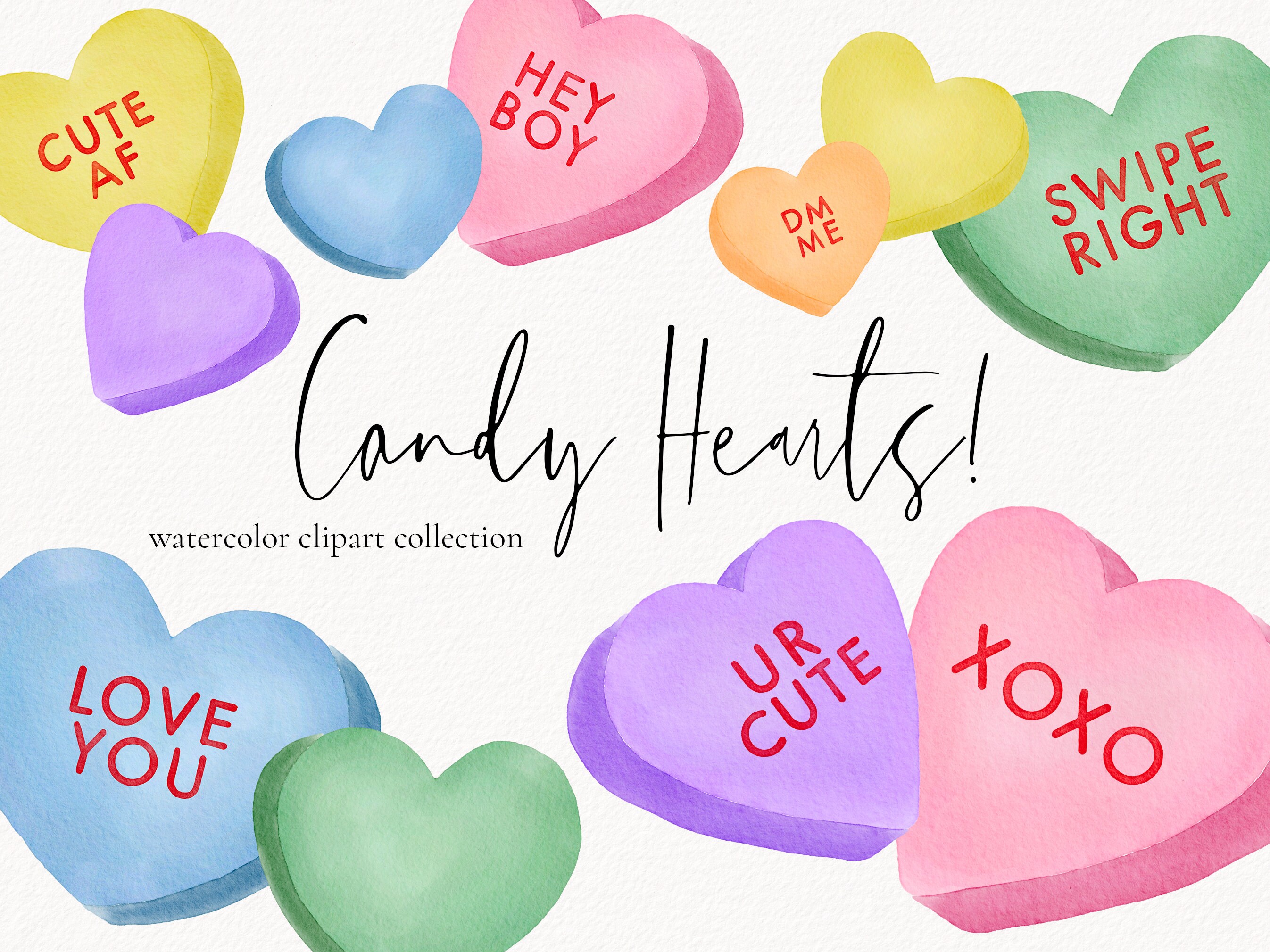 Valentines Watercolor Clipart, Candy Hearts Watercolor Clipart ...