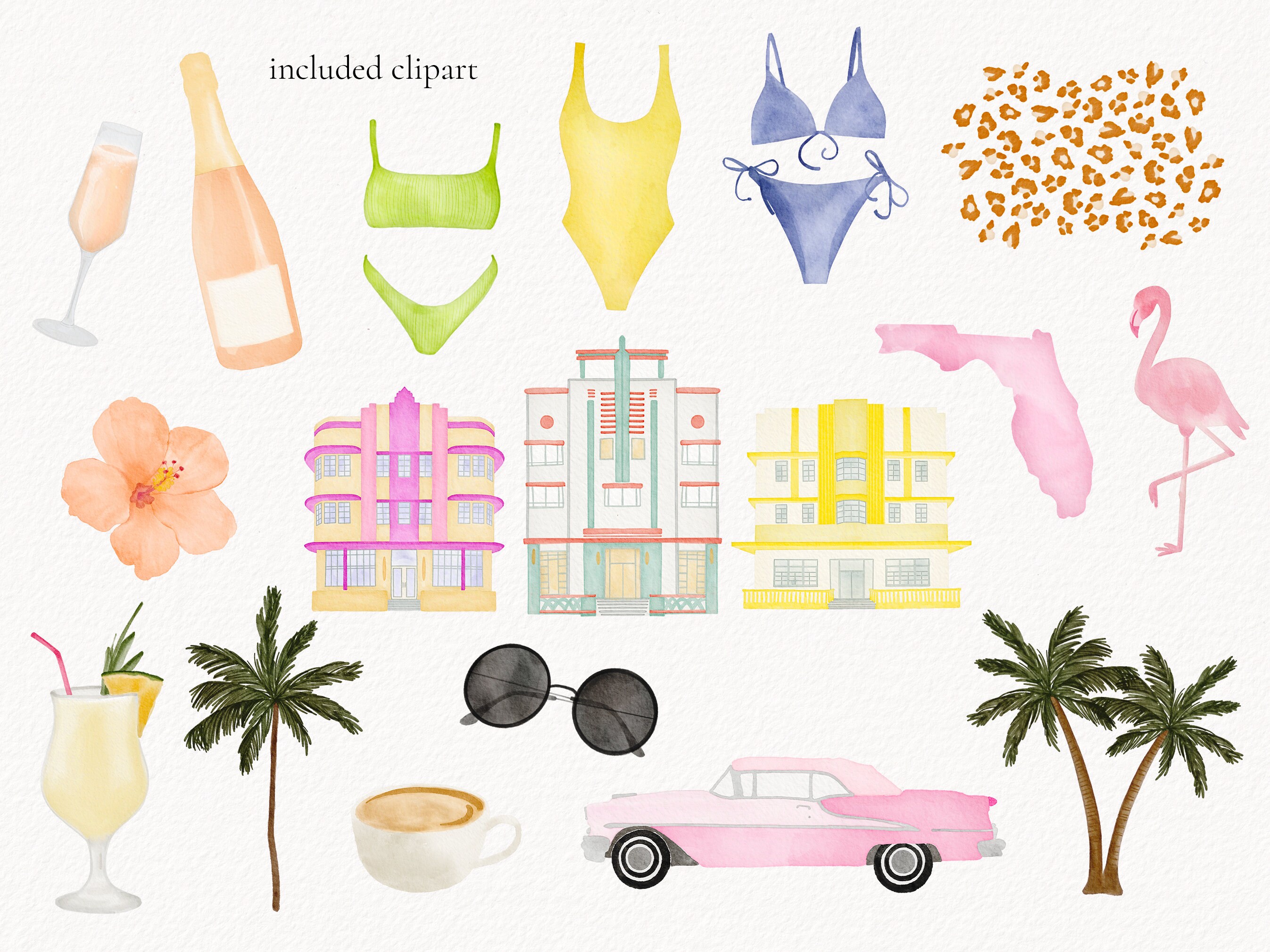 Miami Watercolor Clipart Miami Bachelorette Clip Art Miami - Etsy