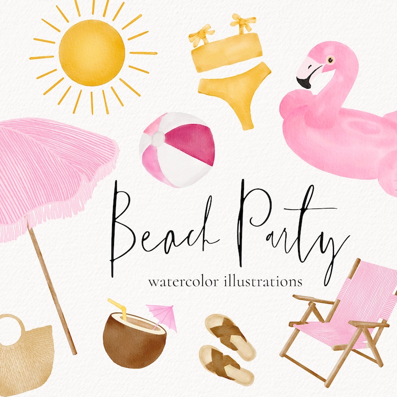 Tropical Beach Watercolor, Pool Party Bachelorette Clip Art ...