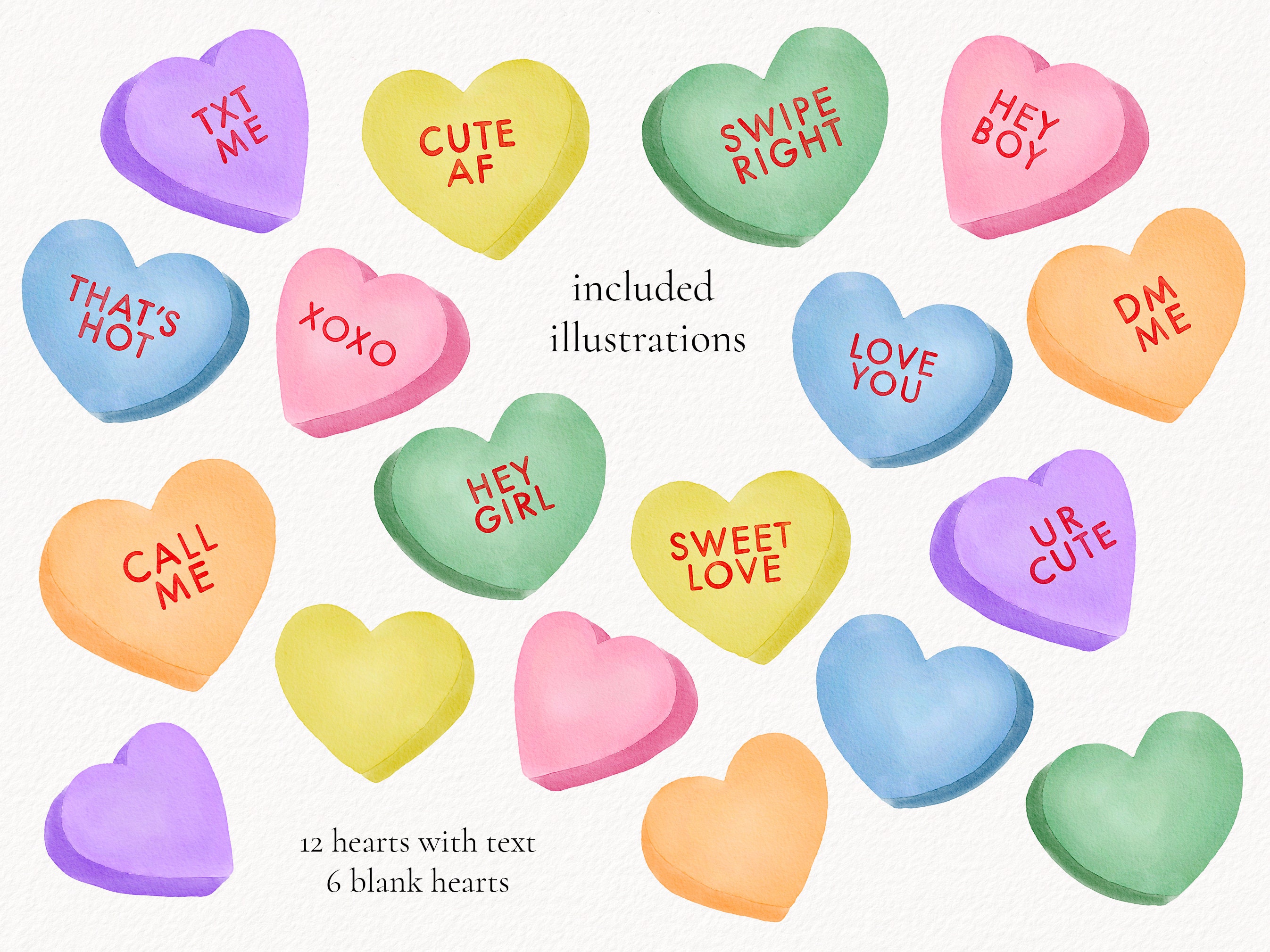 Valentines Watercolor Clipart, Candy Hearts Watercolor Clipart ...