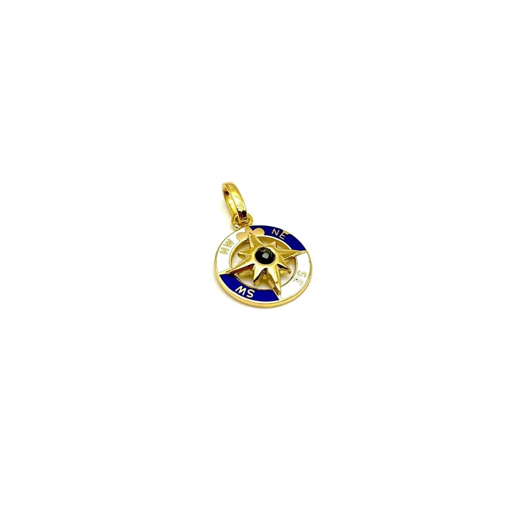 Marine Enameled Pendant in 18K Yellow Gold Nautical Star Windrose Rose ...