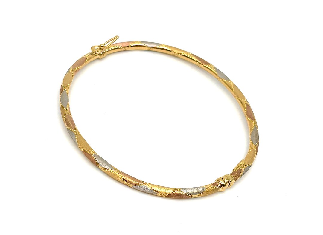18K Tri-color Gold Bangle • Yellow White and Rose Gold Bracelet • 18K ...