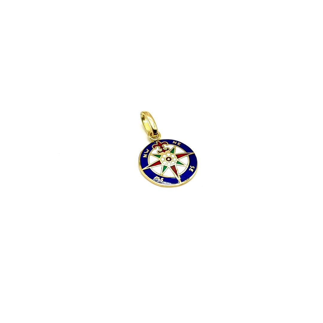 Marine Enameled Pendant in 18K Yellow Gold Nautical Star Windrose Rose ...