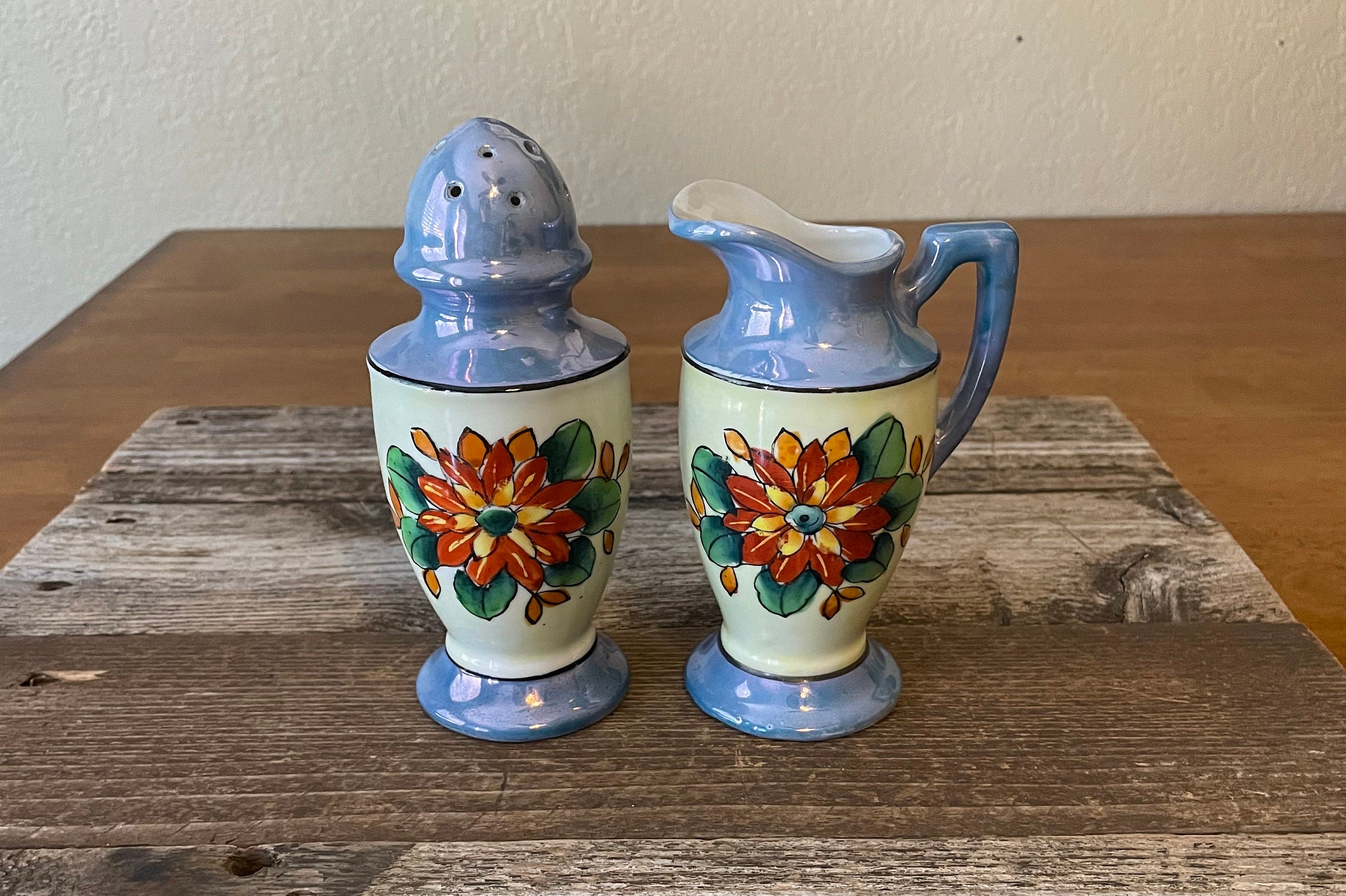Vintage Japan Lusterware Hand Painted Floral Creamer and Sugar Shaker ...