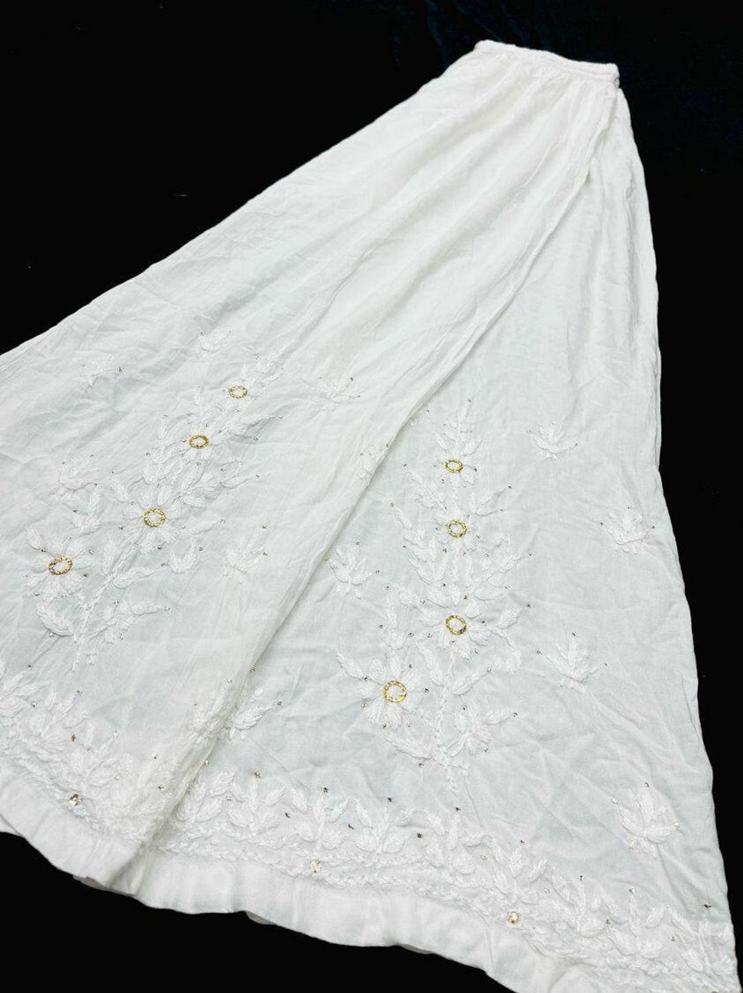 Chikankari Palazzo Lucknowi Embroidery : White Soft Rayon Mukaish Work ...