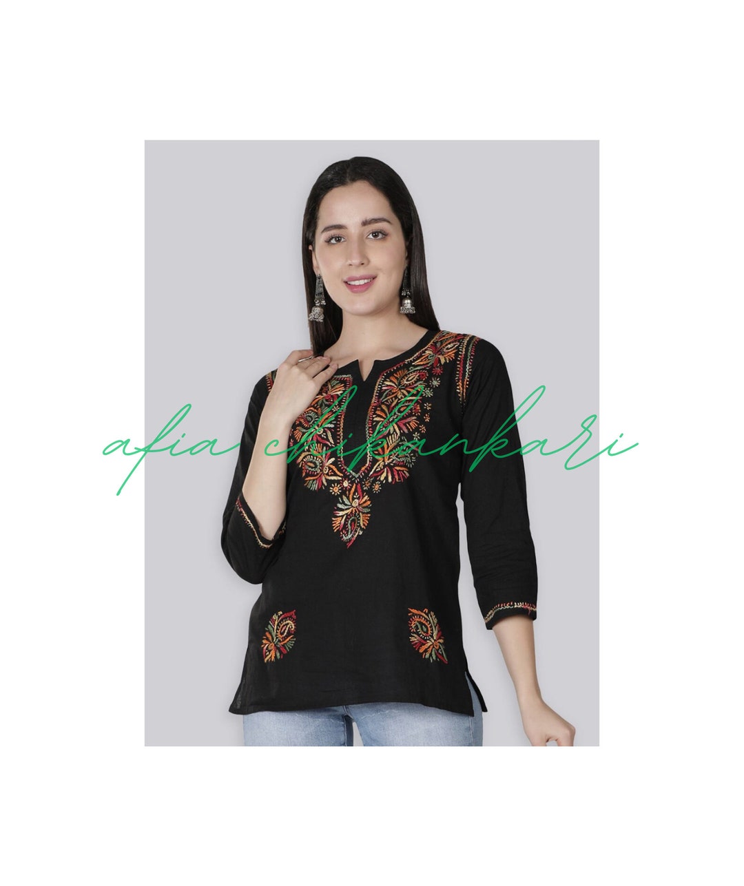 Chikankari Kurti Black Cotton : Embroidered Short Top Womens Tunic - Etsy