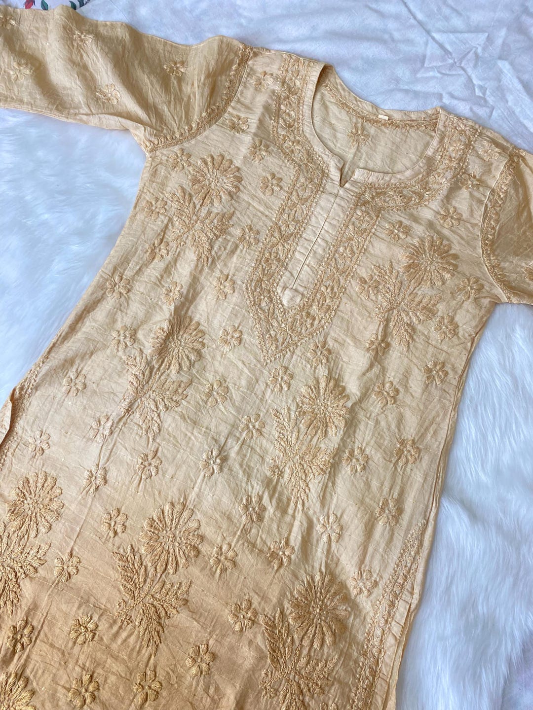 Chikankari Long Kurti Pastel Beige-gold Shade Soft Fabric – Hand ...