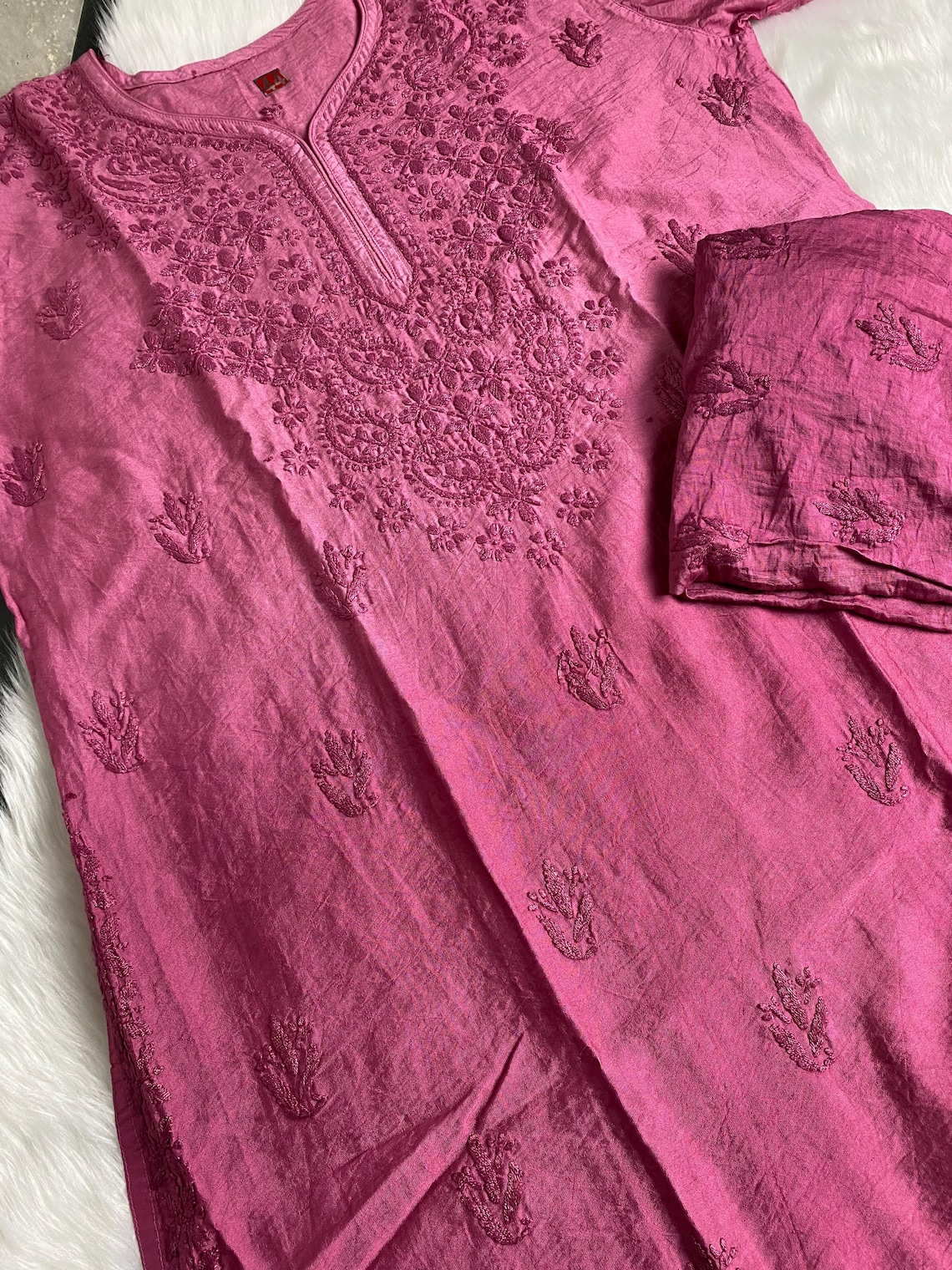 Hand-embroidered Chikankari Kurti Palazzo Set: Wine Pink Ombre Color ...