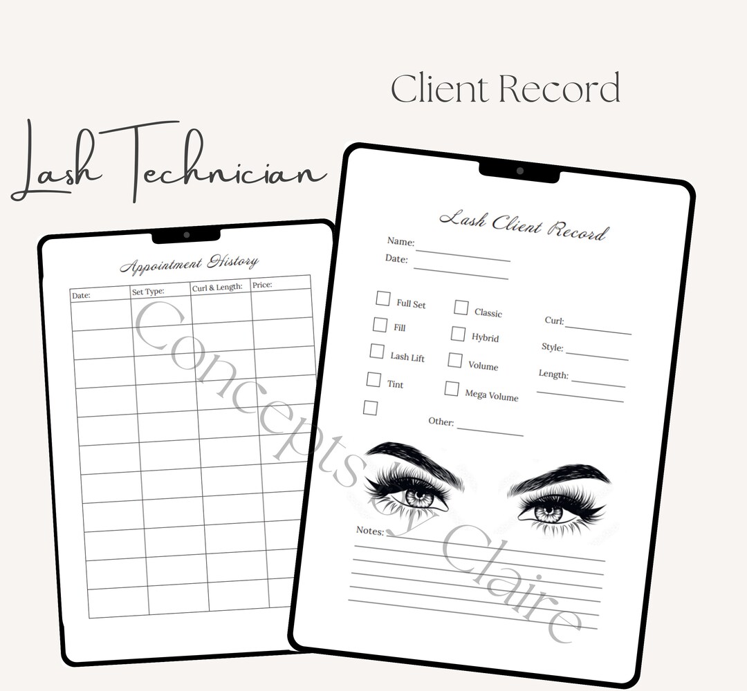 Eyelash Technician Client Record and Appointment Planner, Eyelash Tech ...