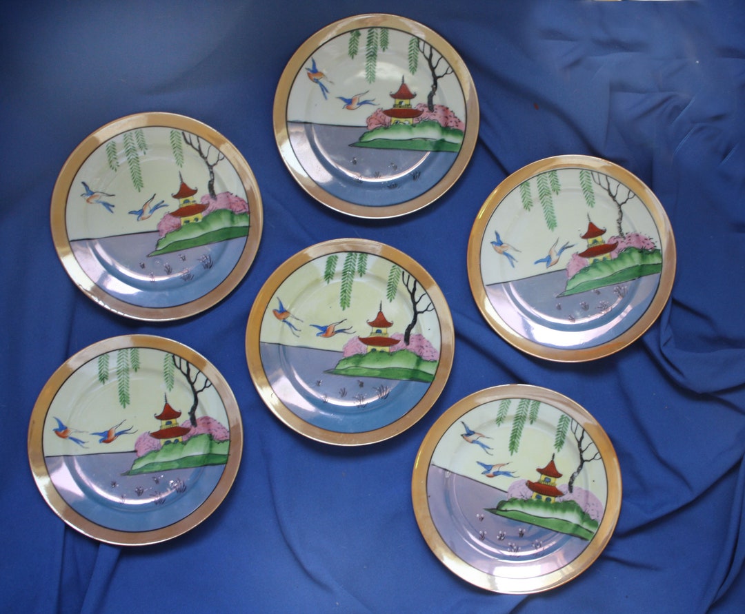 Set of Six Vintage Japanese Lusterware Blue Bird Dessert Plates - Etsy