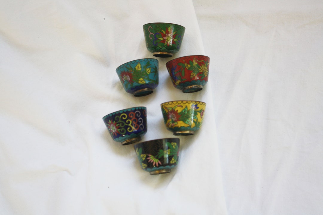 Set of 6 Antique Chinese Cloisonné Enamel on Brass Sake/wine/mijiu Cups ...