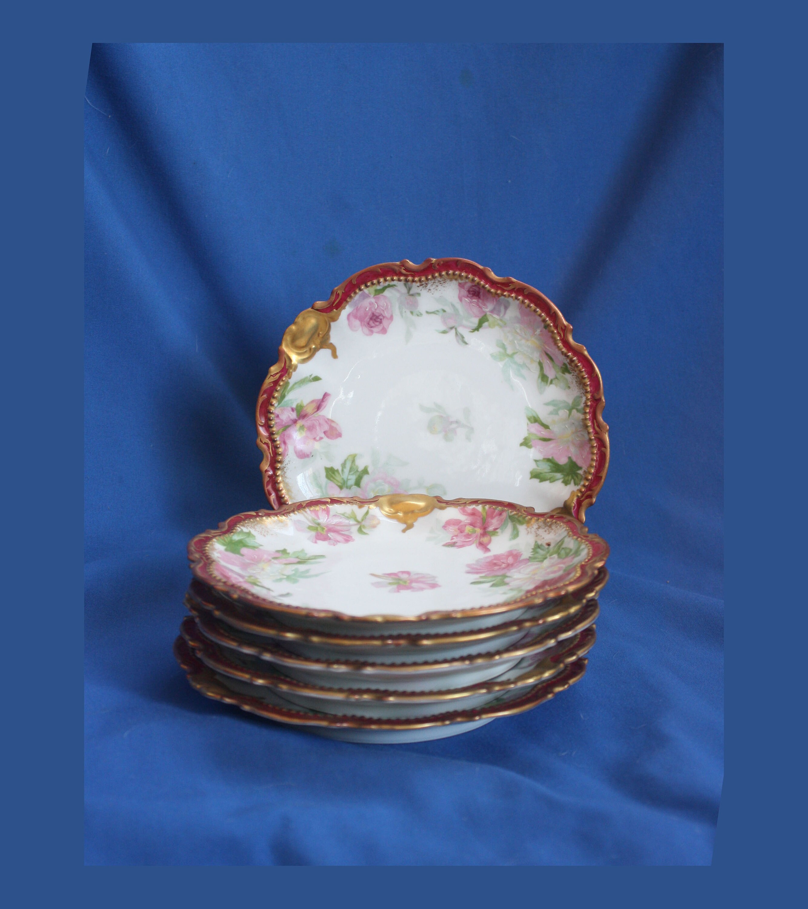 Set of 6 Antique Limoges Coronet Hand Painted Red Floral Plate Heavy ...