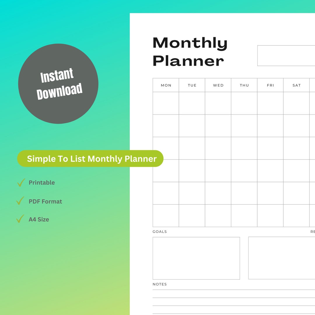 Simple Monthly Planner Printable Instant Minimalist Monthly - Etsy