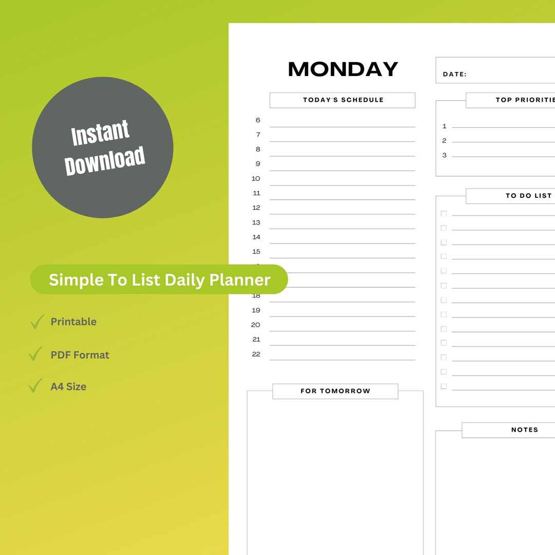 Simple to Do List Daily Planner Instant Digital Download, Simple and ...