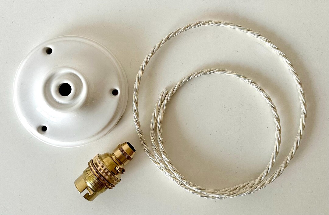 Ceramic Ceiling Rose, Electric Cable & Brass Bulb Holder Pendant Light ...