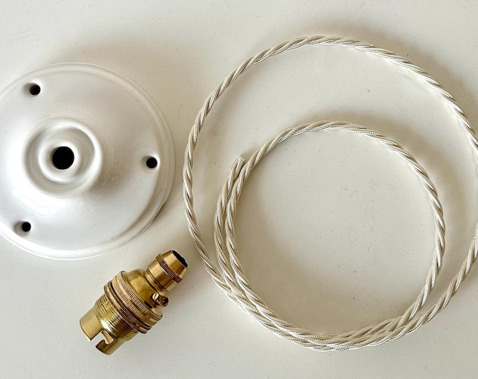 Ceramic Ceiling Rose, Electric Cable & Brass Bulb Holder Pendant Light ...