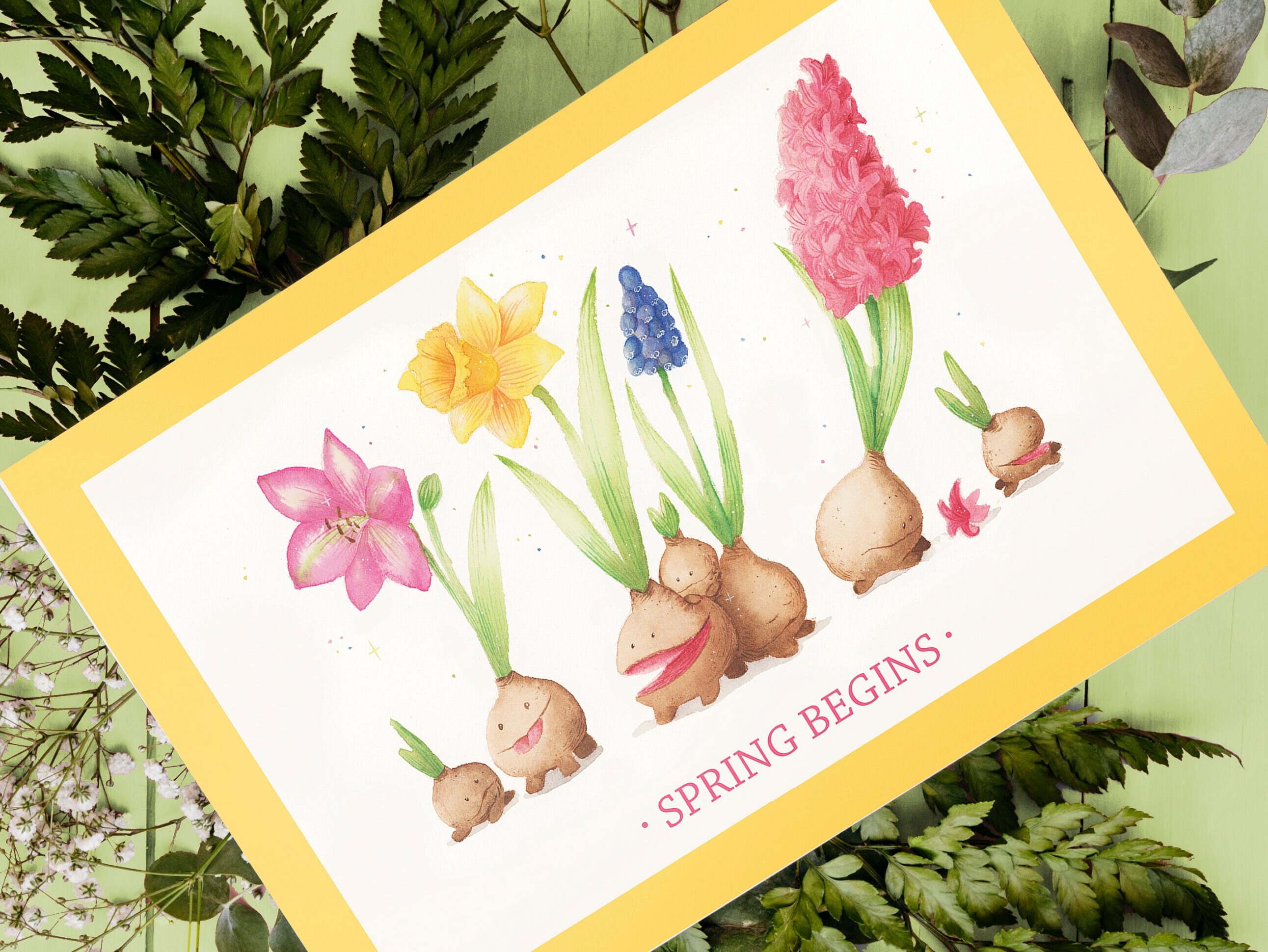 Kawaii Flower Bulbs Card Watercolor Handmade Spring Card Cute Flowers ...