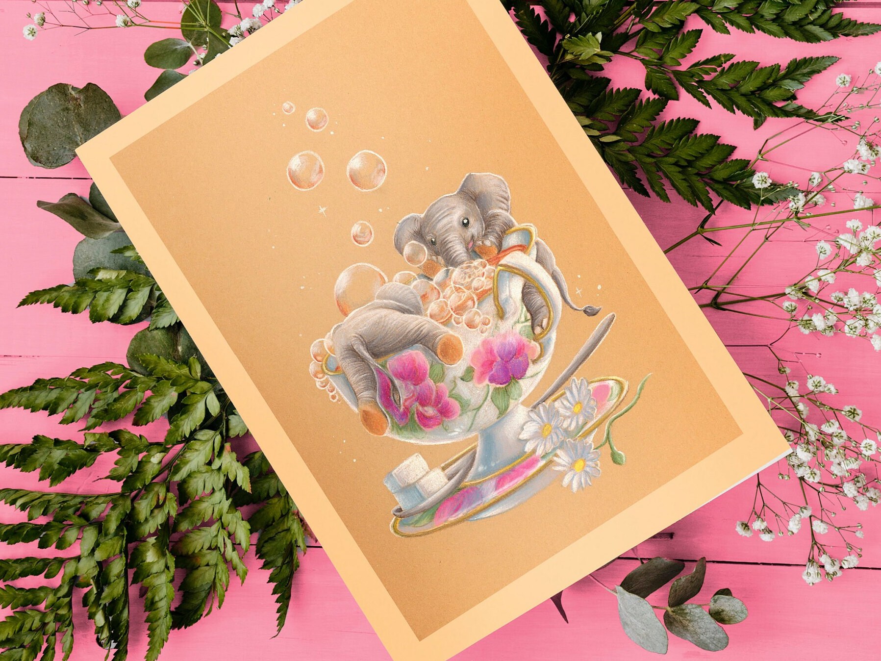 Elephants Tea Flowers Bubbles Card Animals 270 Grams Texture Tea Lover ...