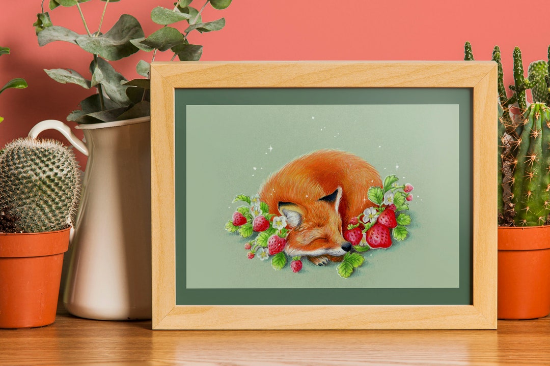 Fox Strawberries Cottagecore Art Print Pencil Drawing Cottage Core ...