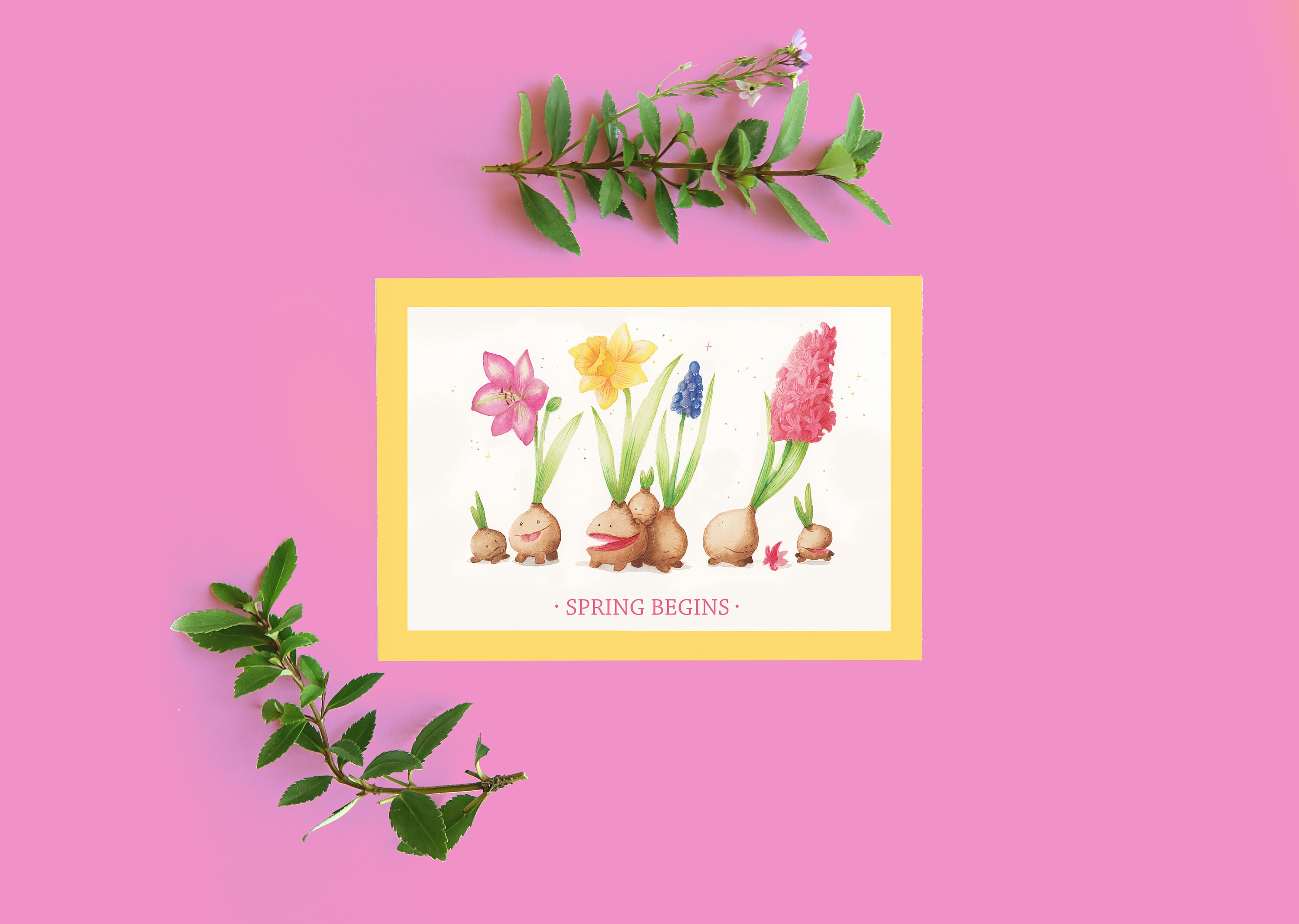 Kawaii Flower Bulbs Card Watercolor Handmade Spring Card Cute Flowers ...