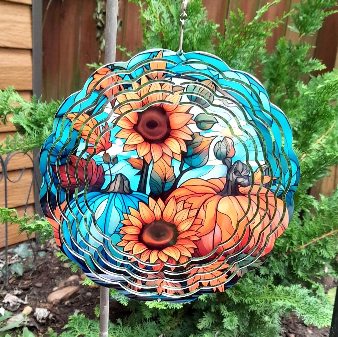 Fall Pumpkin and Sunflower Wind Spinners, Outdoor Garden Art, Wind ...