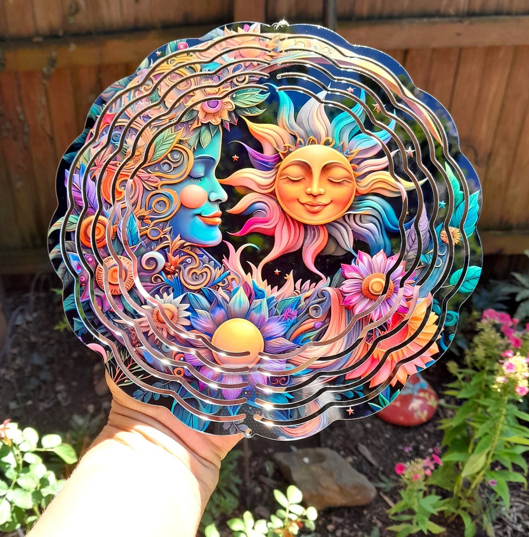 Sun Moon and Stars Colorful Wind Spinners, Celestial Garden Art, Wind ...