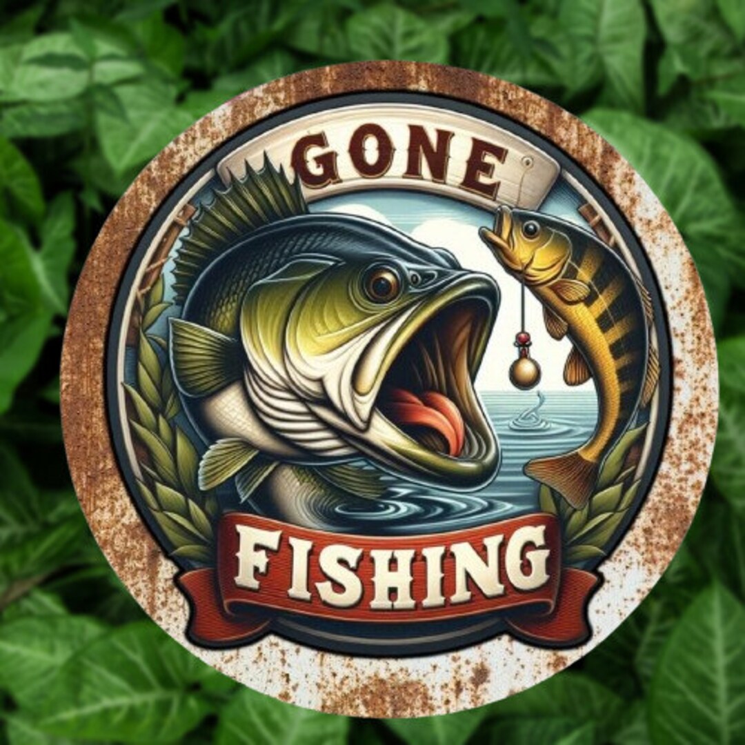 GONE FISHING Aluminum Wreath Sign, Fisherman Metal Door Signs, Wreath ...