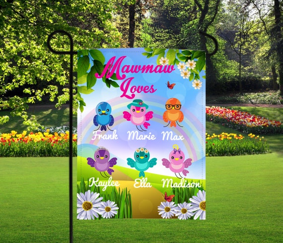 Cute birds garden flags birds garden flag grandkids names on | Etsy