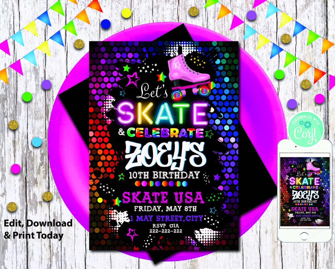 Glow Skate Party Invitation/neon Glow in the Dark Party/girls | Etsy