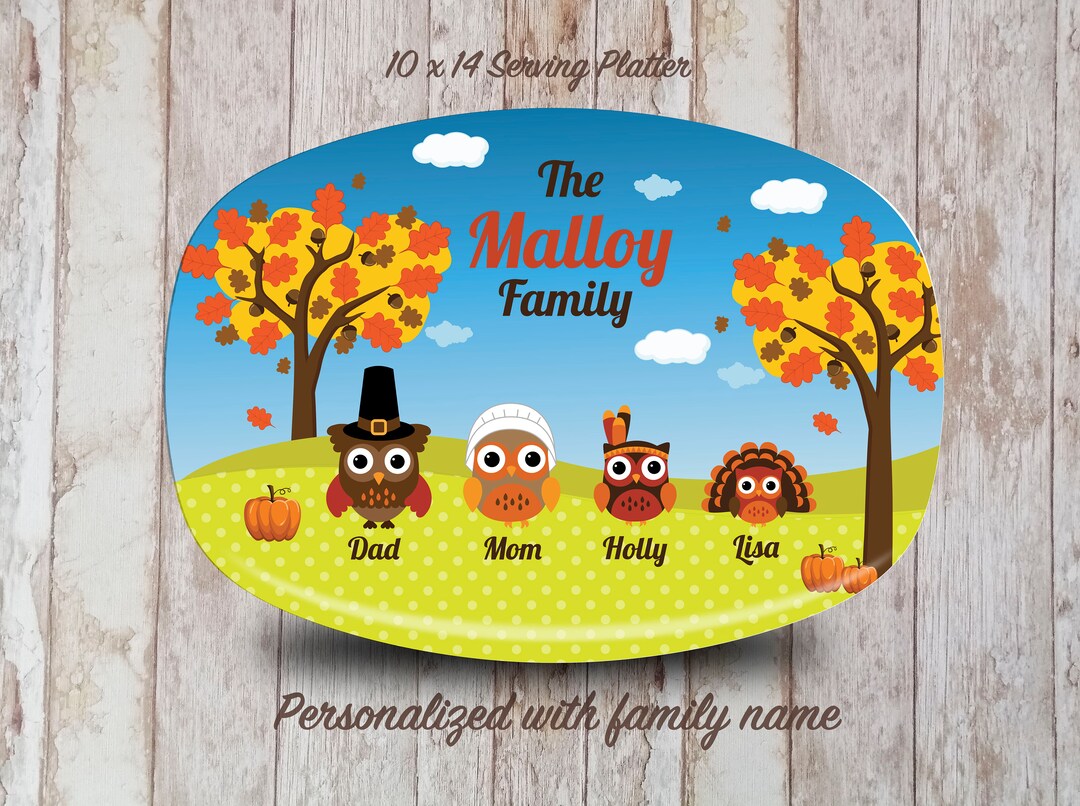 Personalized Thanksgiving Platter, Owl Pilgrims Dinner Platter ...