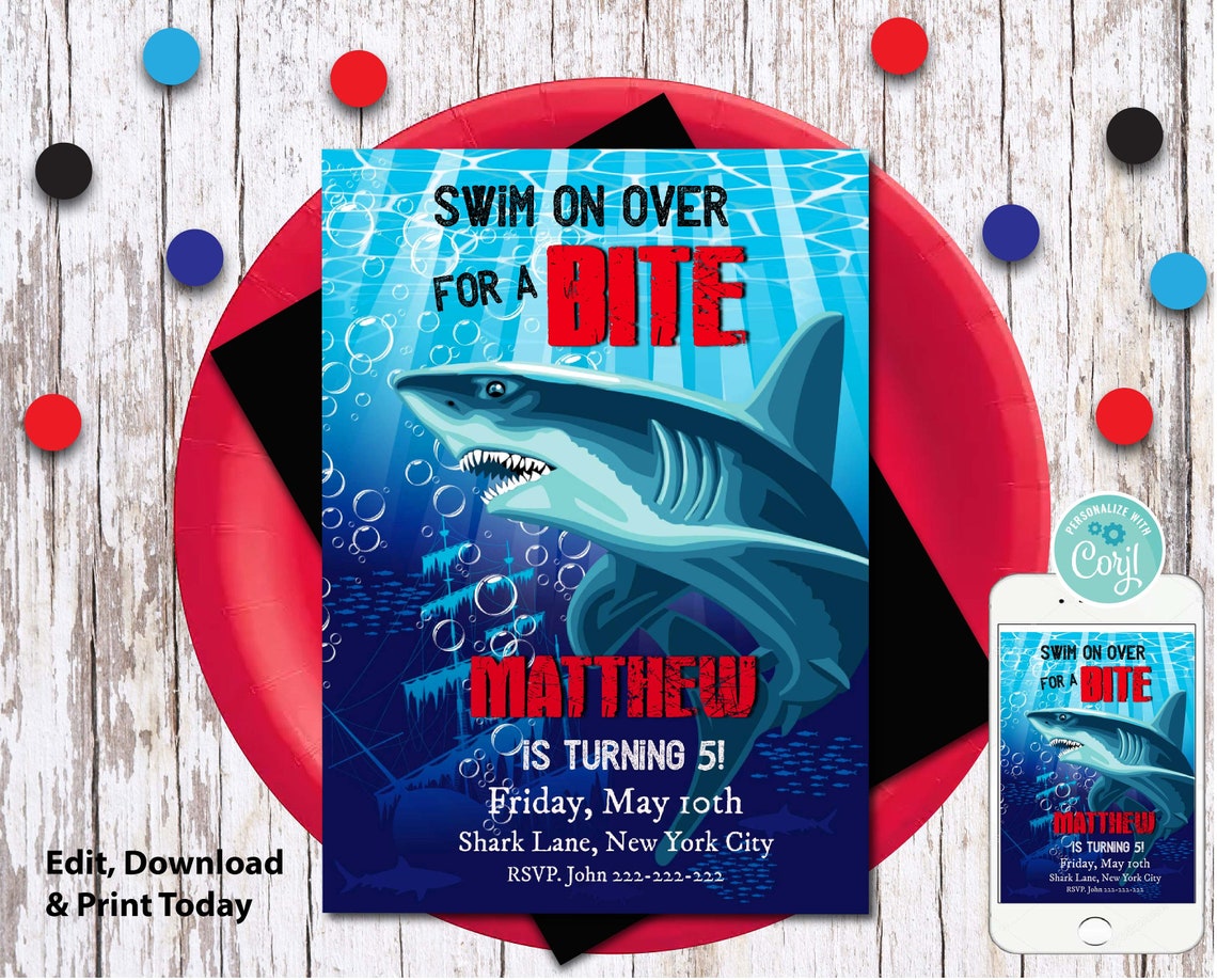 Shark Invitation/shark Party Invites/instant Download/shark - Etsy