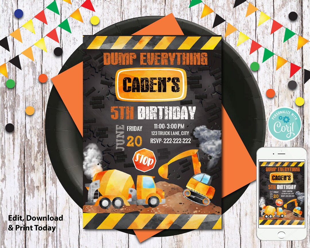 Editable Construction Invitation/construction Birthday Invitations ...