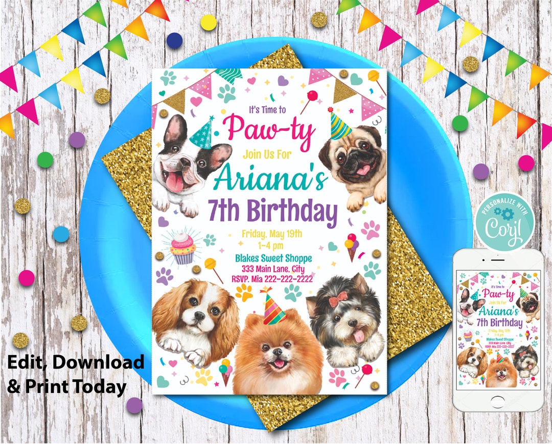 Dog Party Invitation/birthday Dog Party Invites/puppy Pawty Boy Girl ...
