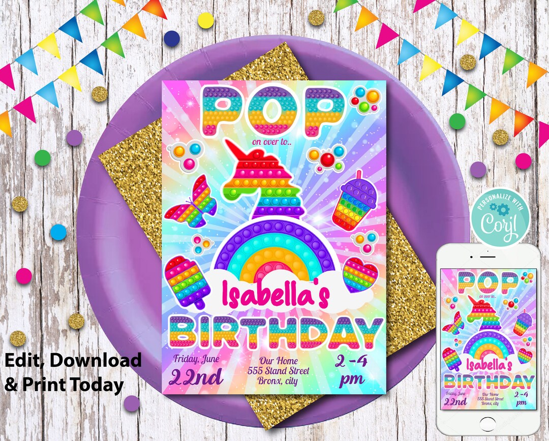 Editable Pop It Birthday Party Invitation/ Bubble Party Pop It Birthday ...