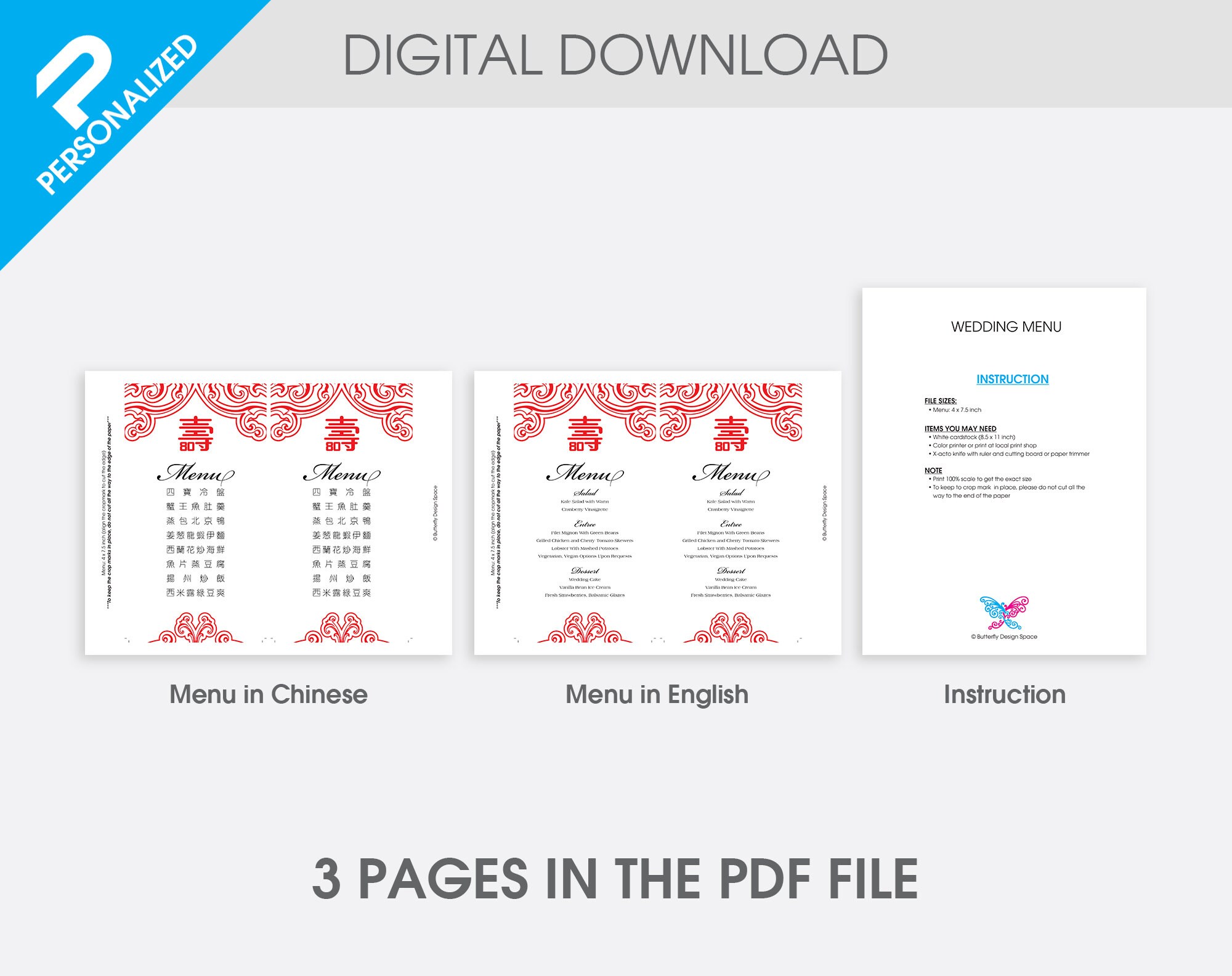 Chinese Birthday Bilingual Menu Cards | Longevity Sign | Chinese and ...