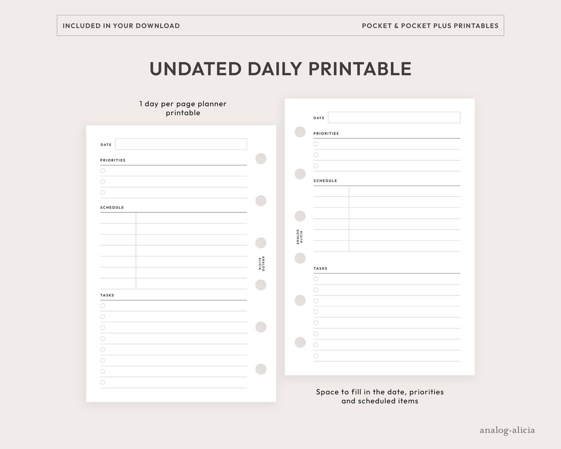 Pocket/pocket XL Day on 1 Page Daily Planner Printable With Schedule ...