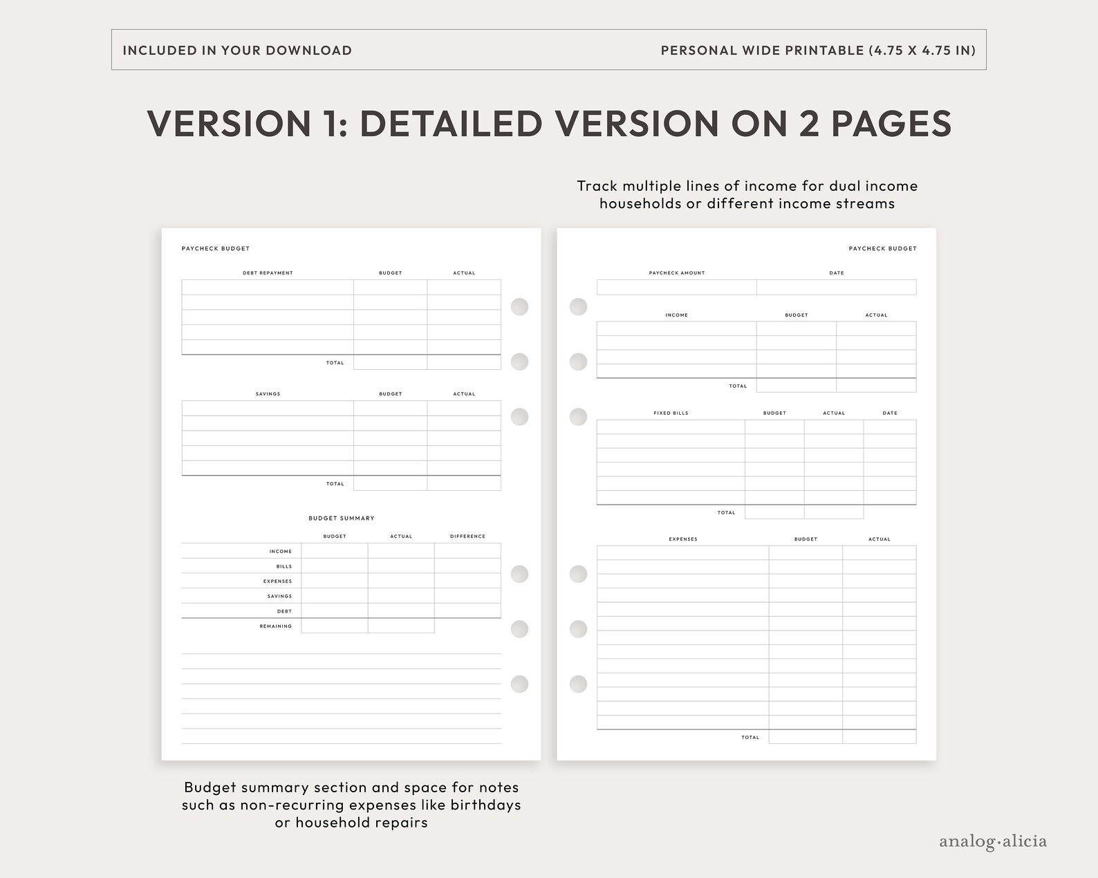 Personal Wide Budget by Paycheck Printable in 2 Versions – Simple and ...