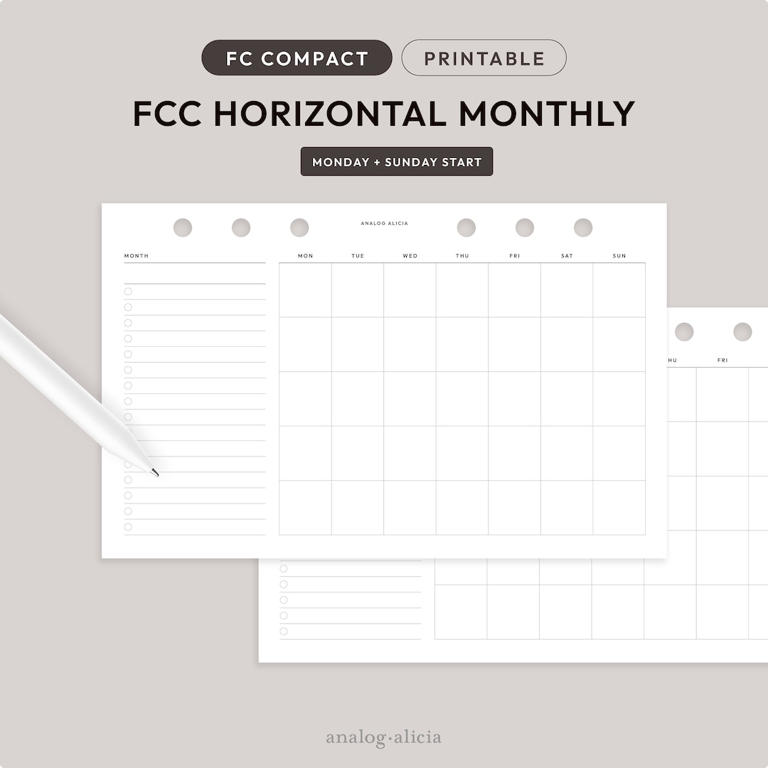 FCC Horizontal Monthly – Month on 1 Page Printable Planner Insert for ...