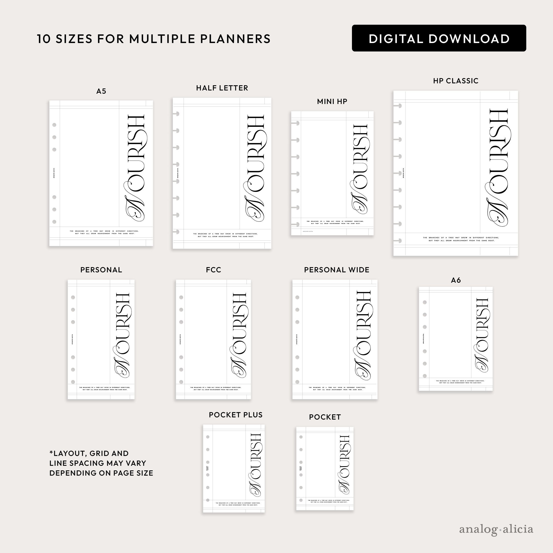 Printable "nourish" Planner Dashboard Insert | A5, Half Letter, A6 ...