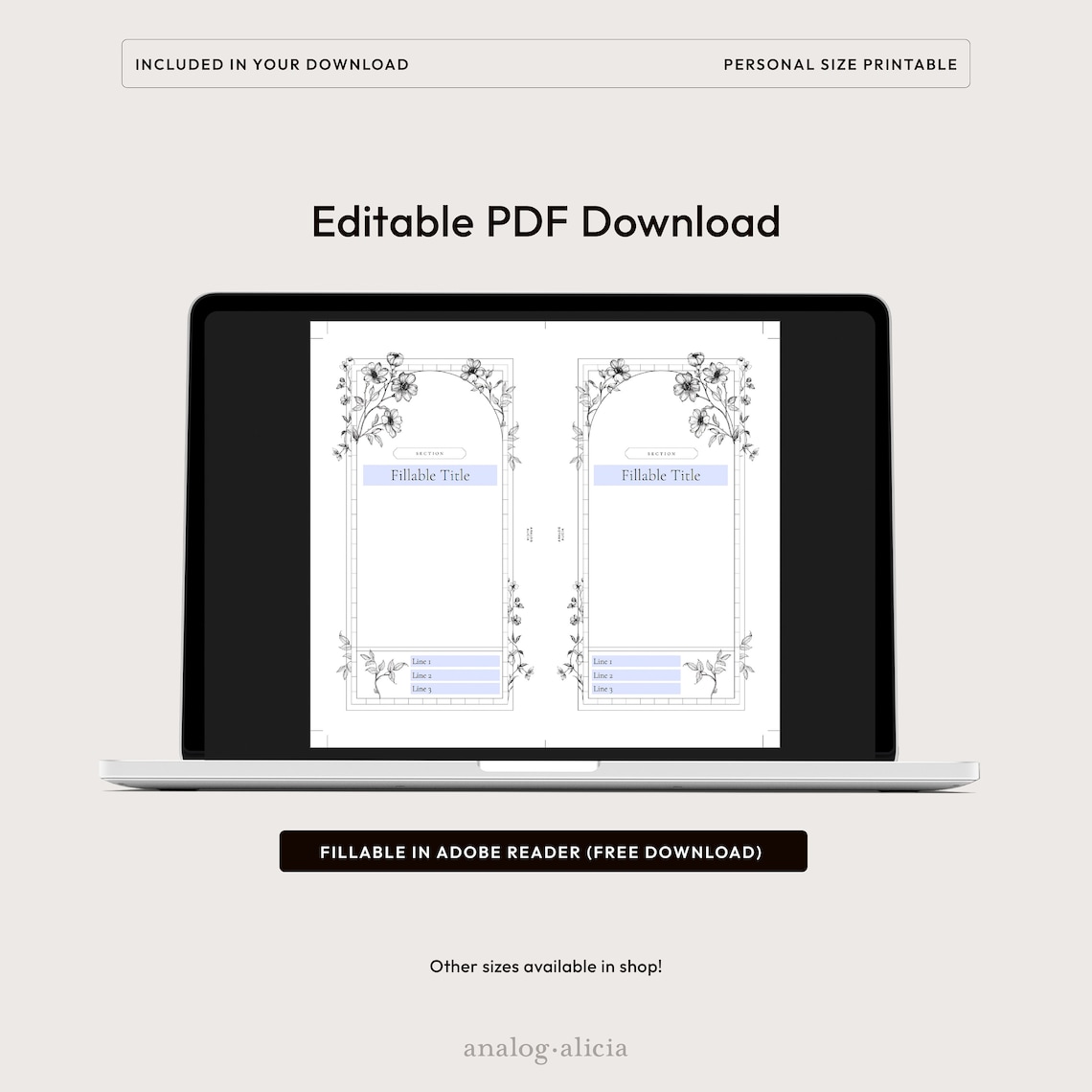Personal Fillable Floral Section Covers and Editable Table of Contents ...