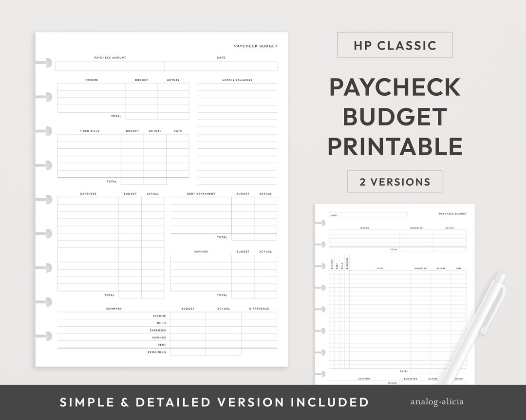 HP Classic Budget by Paycheck Printable in 2 Versions – Simple ...