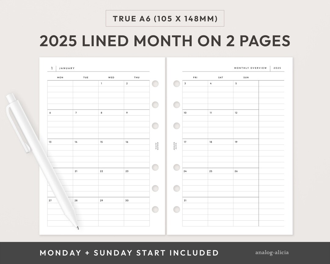 A6 2025 Lined Month on 2 Page Printable Planner | True A6 Rings Dated 2 ...