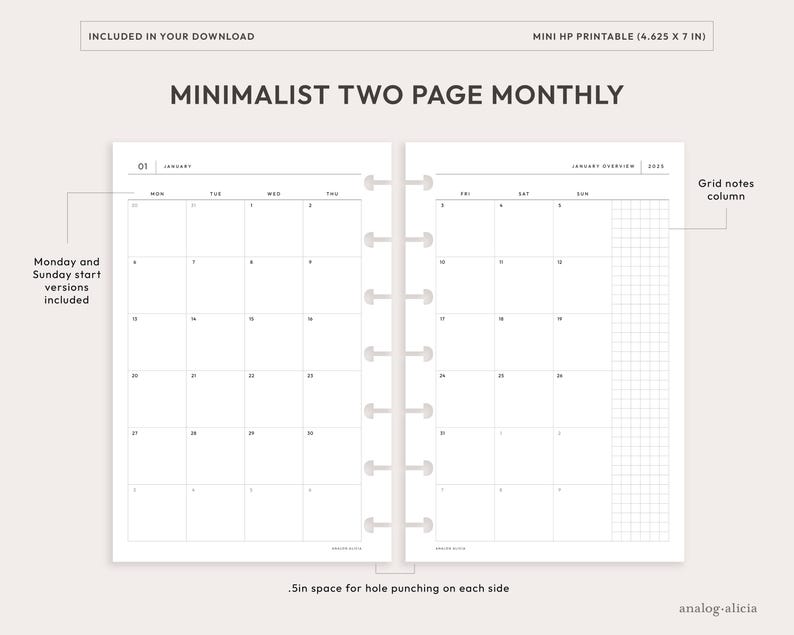 HP Mini 2025 & 2026 Dated Month on Two Pages Printable Planner Insert ...