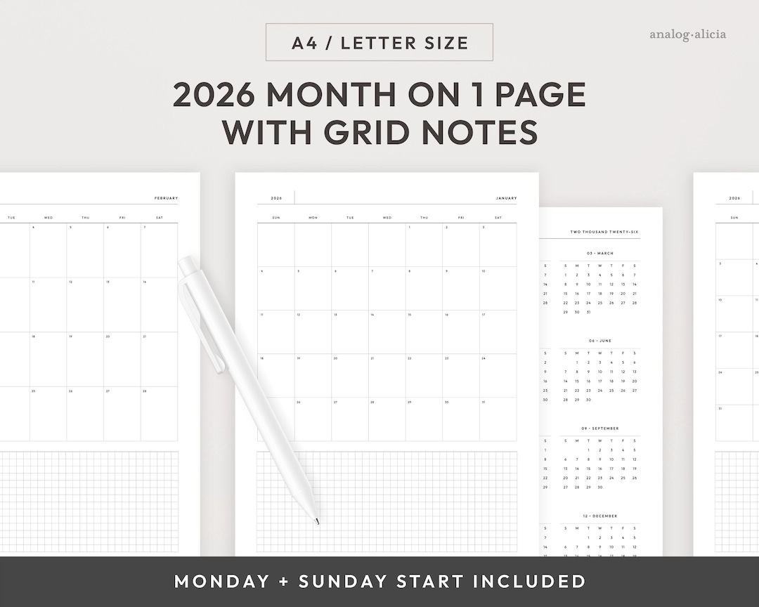 A4/letter Size 2026 Month on 1 Page Printable Calendar Planner Insert ...